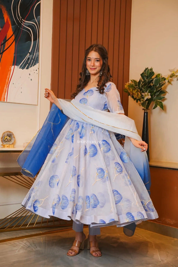 Blue Floral Organza Suit Set – Shopzters