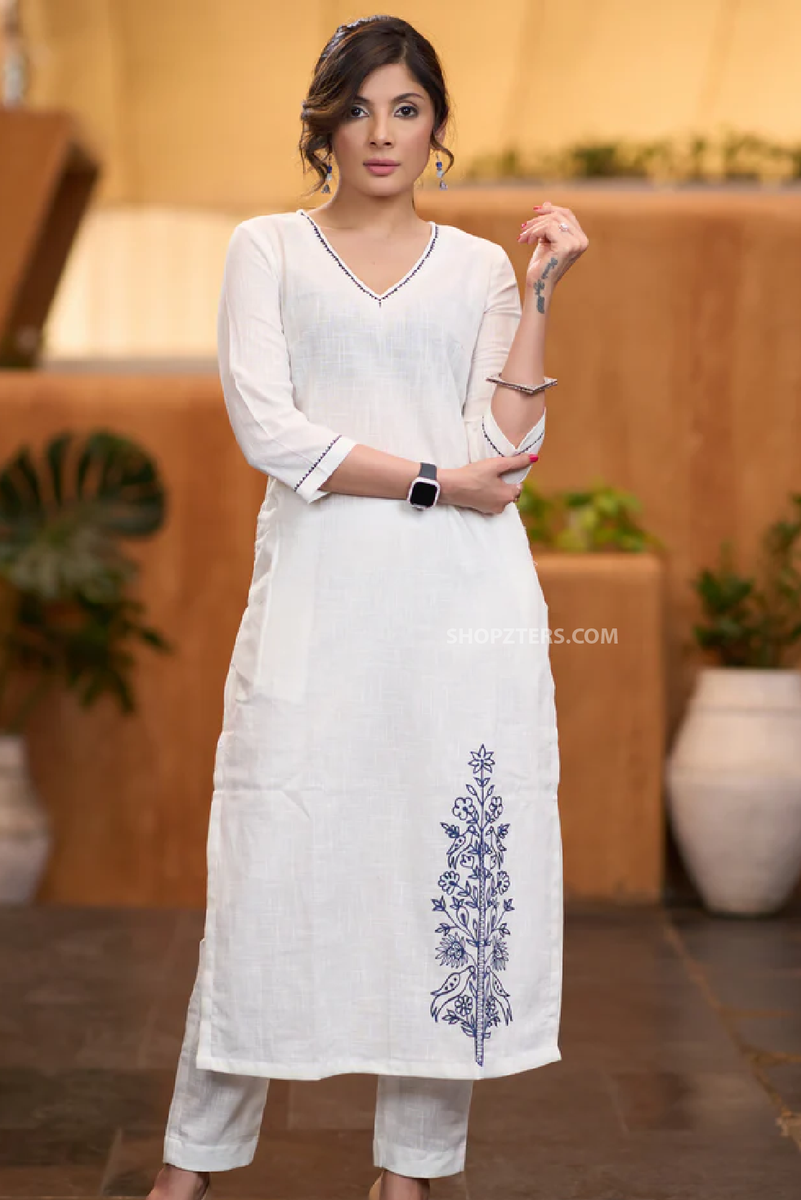 White Cotton Kurta with Side Embroidery – Shopzters