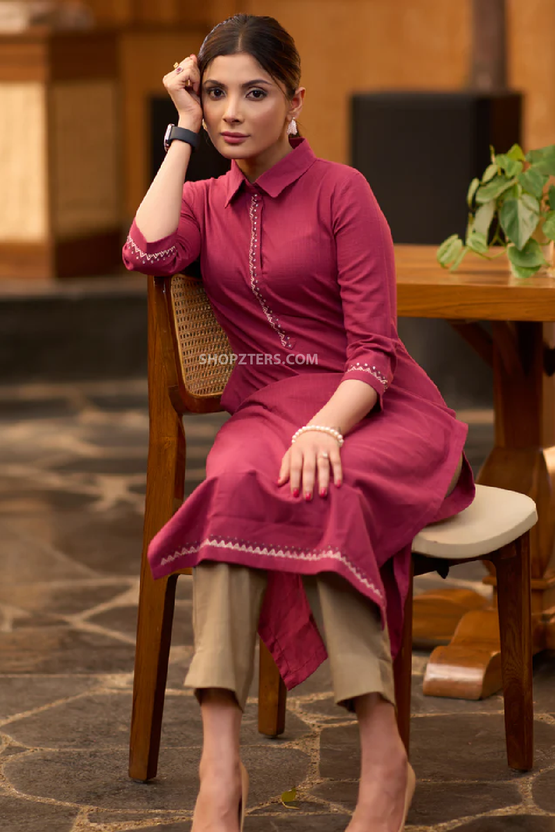 Wine Cotton Collared Kurta with Gond Painting – Shopzters