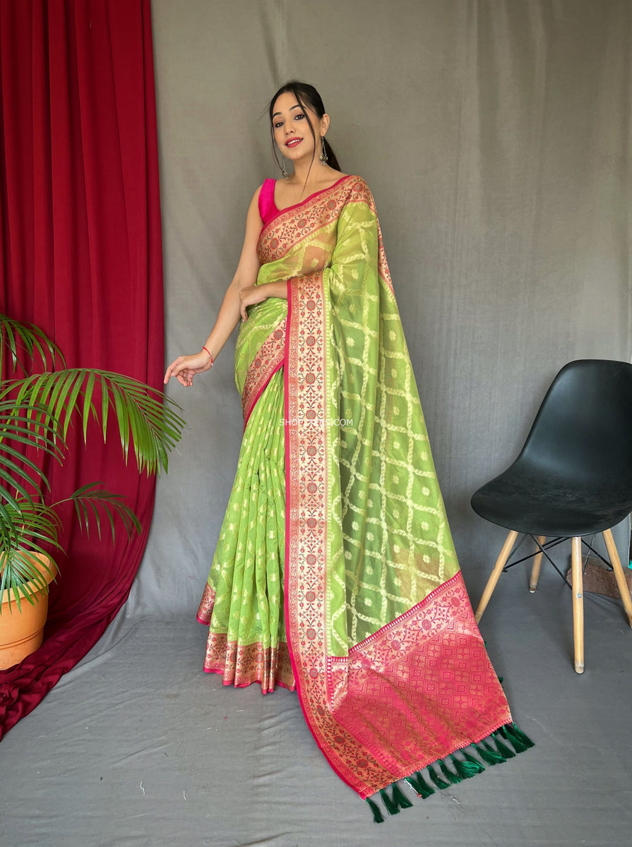 Buy Banarasi Organza Silk Woven Saree for Women Online – Shopzters
