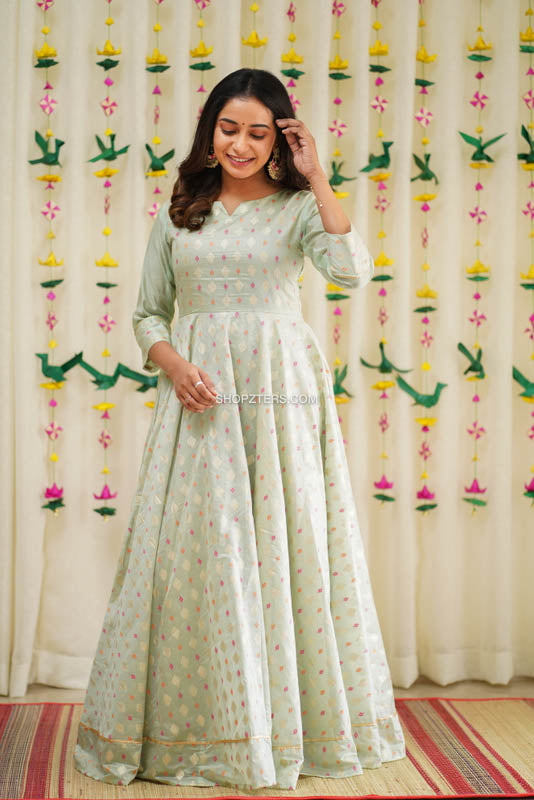 Pista Green Semi Chanderi Maxi Dress – Shopzters