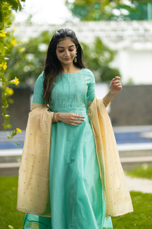 Buy Aqua Blue Chanderi Silk Dress with Dupatta – Shopzters
